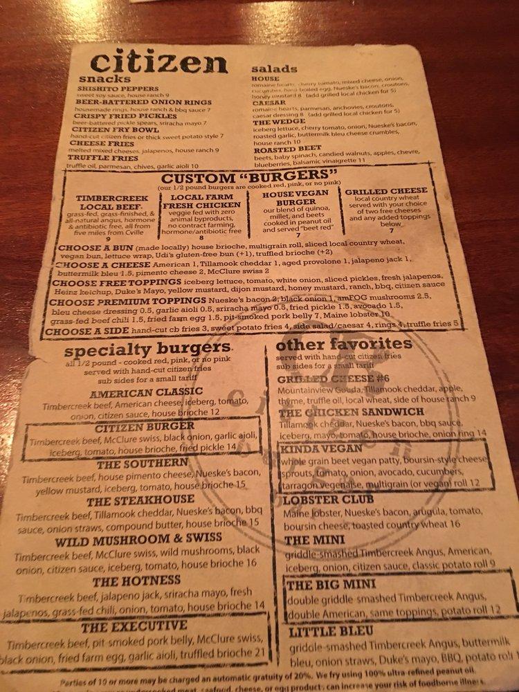 Menu at Citizen Burger Bar, Richmond