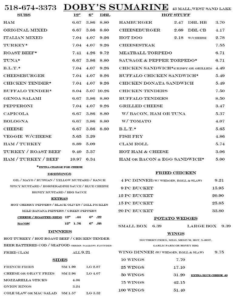 Carta del restaurante Doby's Submarines, West Sand Lake