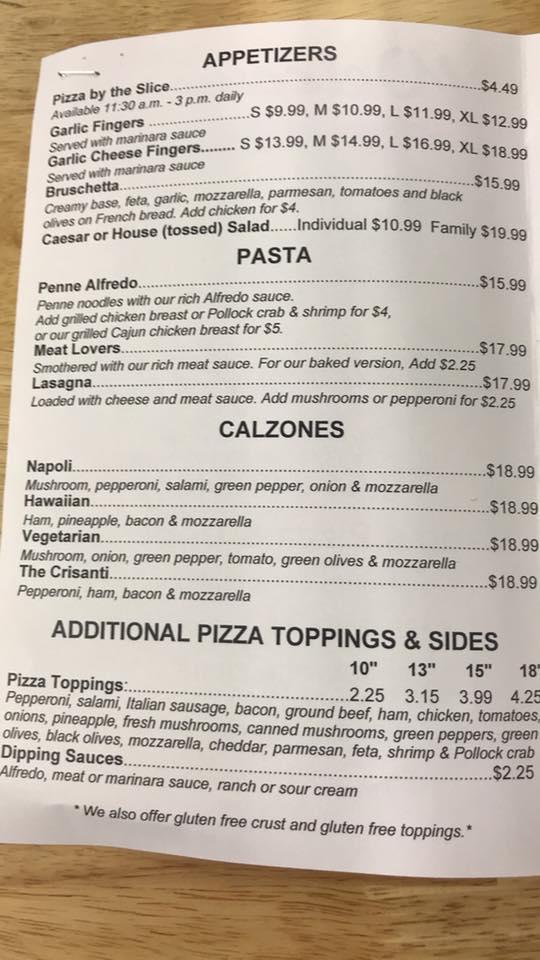 Menu at Mano's Pizza restaurant, Wasagaming