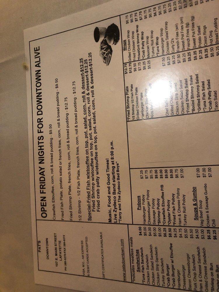 Menu at Pat's Downtown restaurant, Lafayette