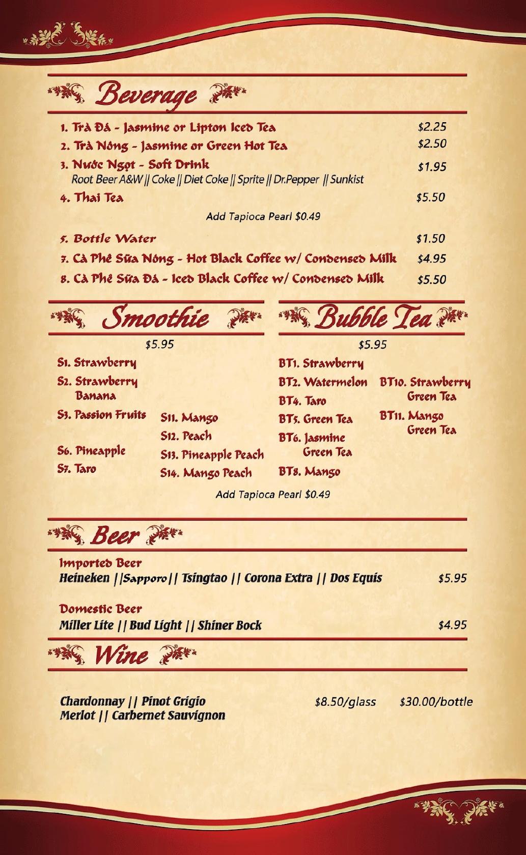Menu at Pho 20 restaurant, Galveston