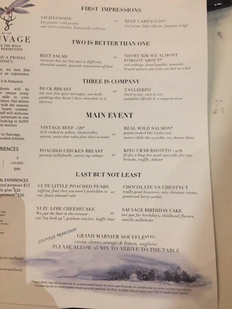 Menu at Sauvage Restaurant, Steamboat Springs
