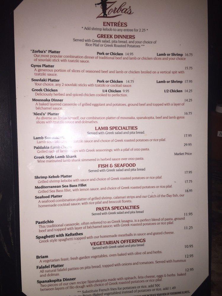 Menu at Zorba's Fine Greek Cuisine restaurant, Albuquerque