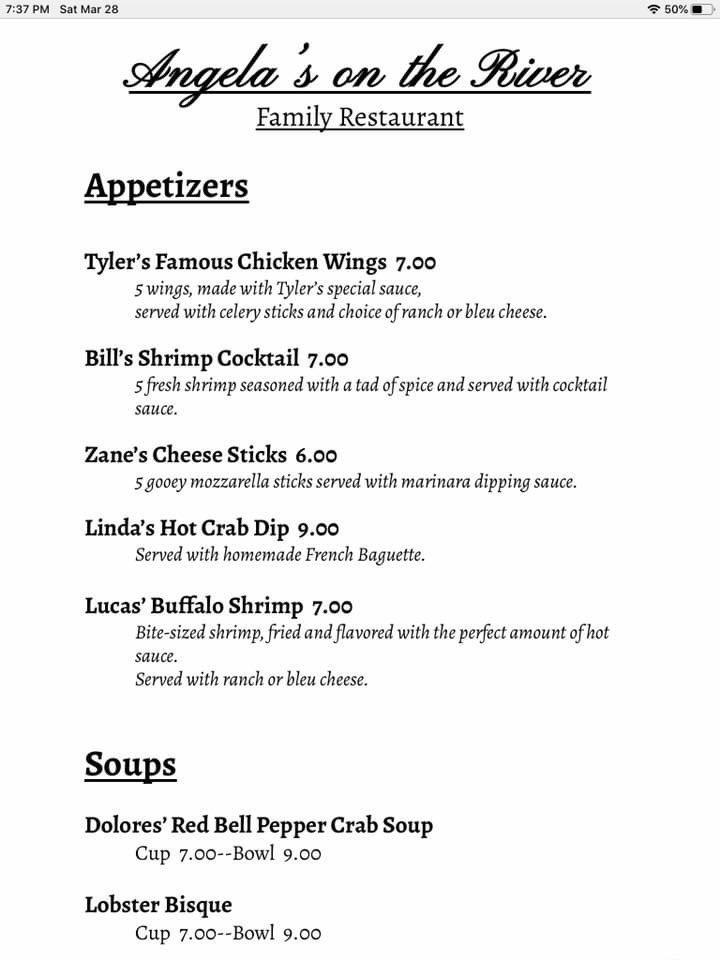 Menu at Angela’s on the River pub & bar, Saint Albans