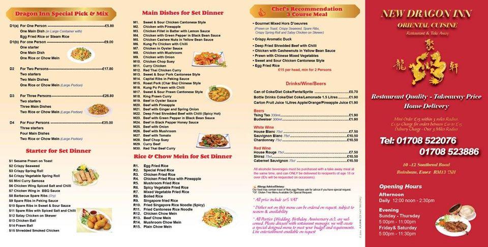 Menu at Dragon Inn restaurant, Rainham, 10-12 S End Rd