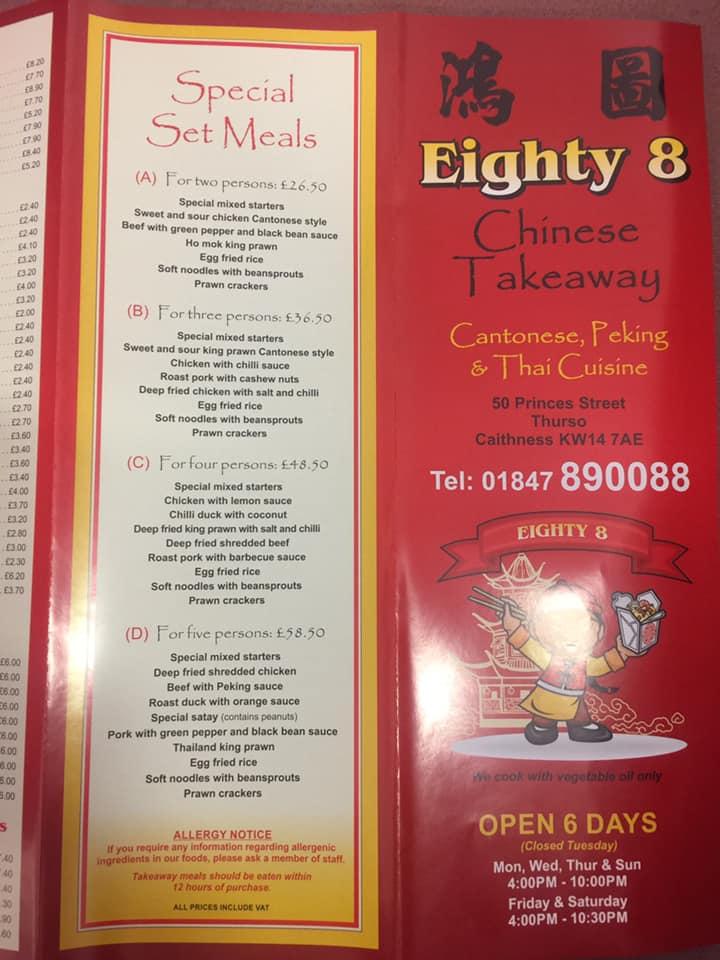 Menu at Eighty Eight fast food, Thurso