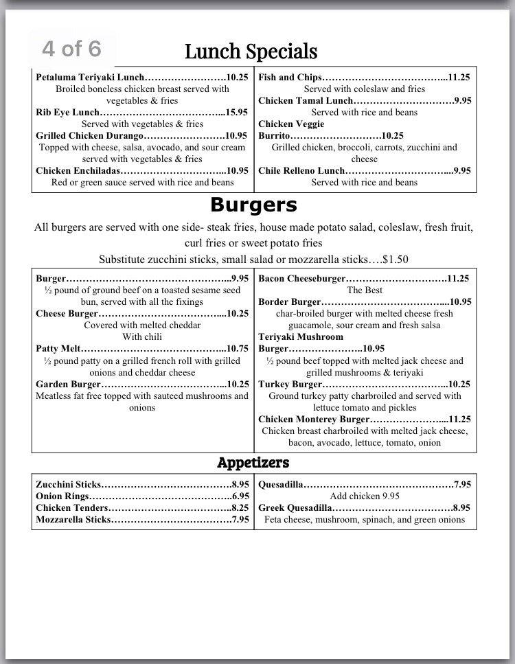Menu at Marvin's restaurant, Cotati