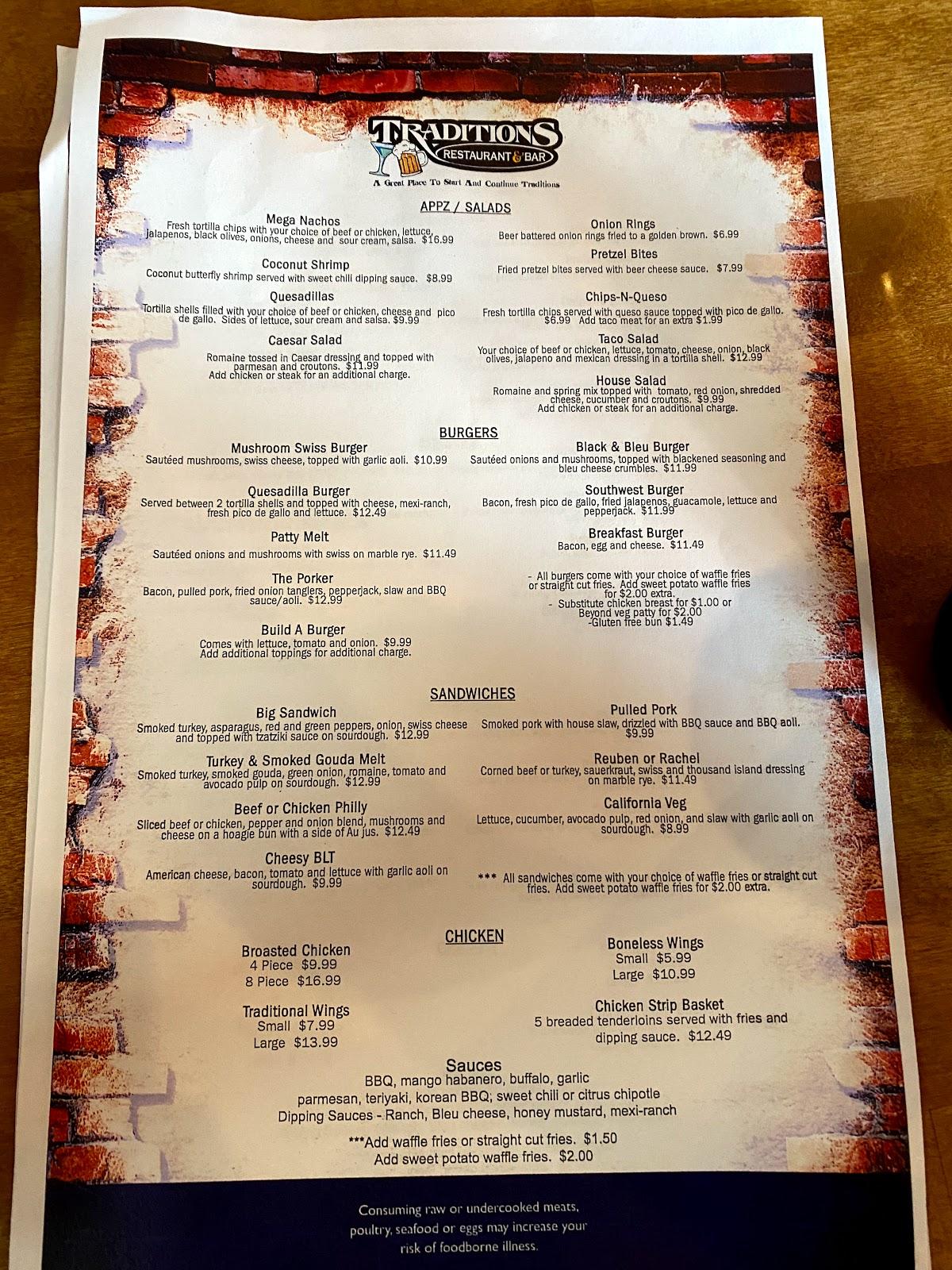 Menu at Traditions Restaurant & Bar, West Fargo