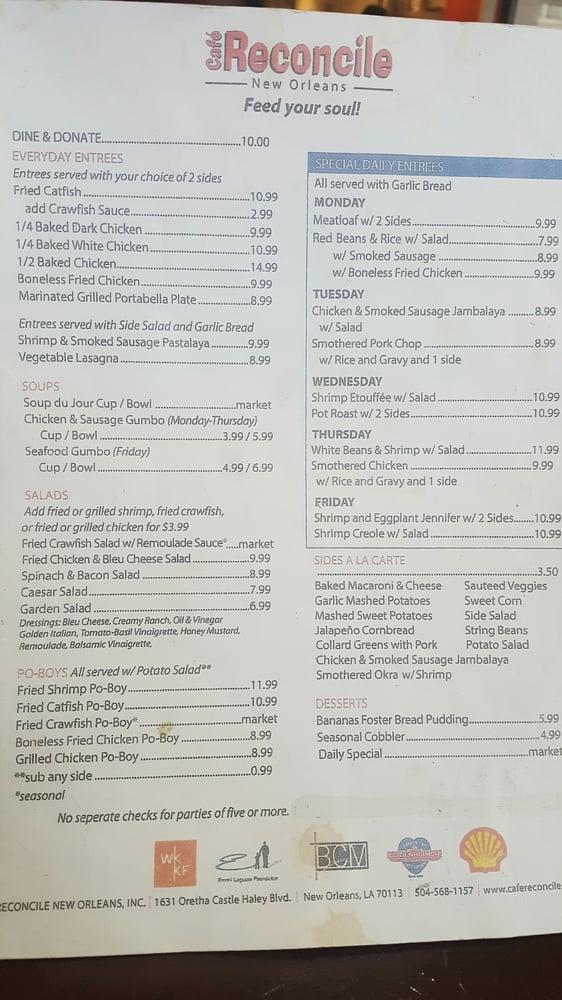 Menu at Café Reconcile restaurant, New Orleans, Oretha Castle Haley Blvd