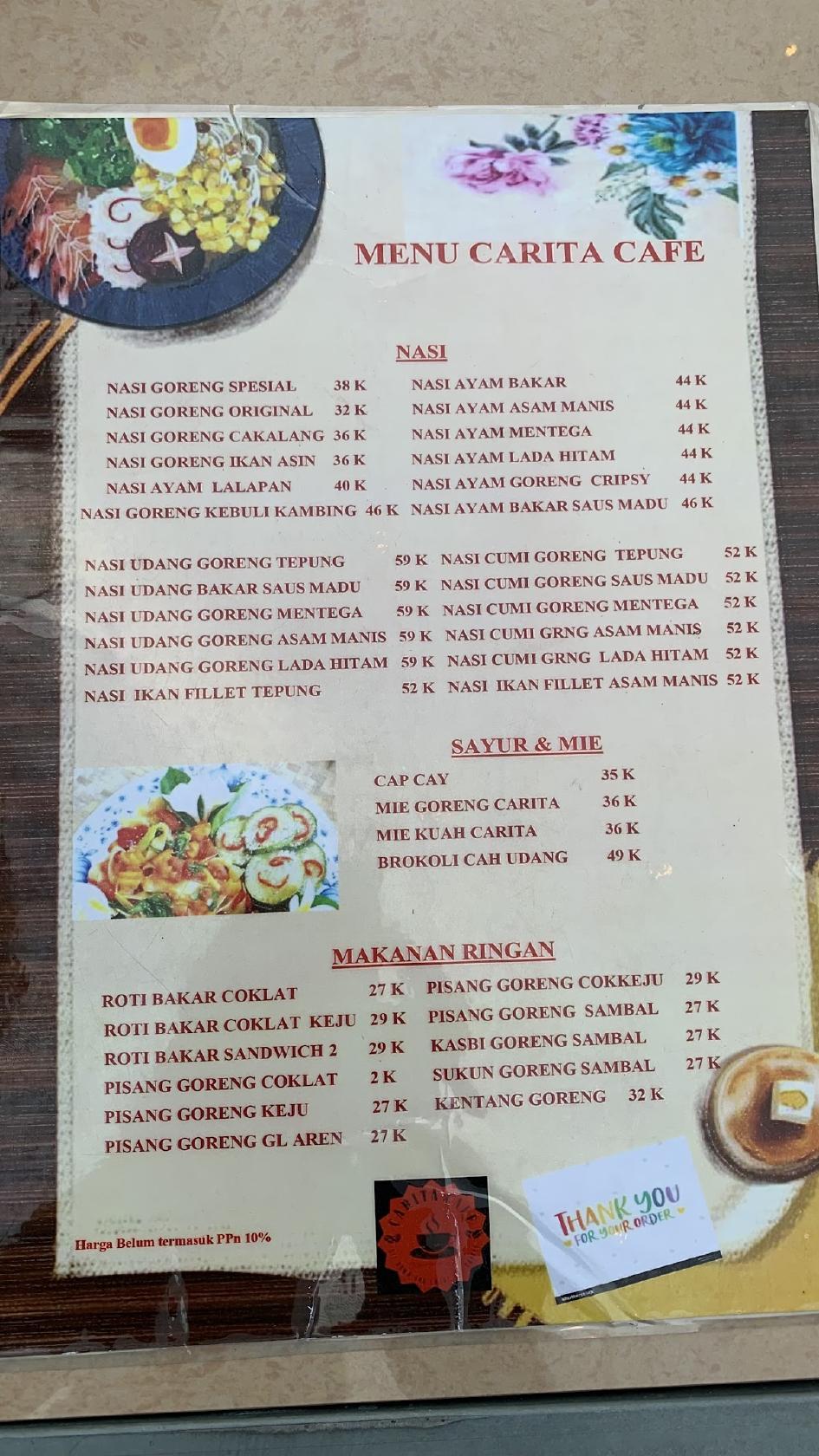 Menu at Carita Cafe, Teluk Ambon