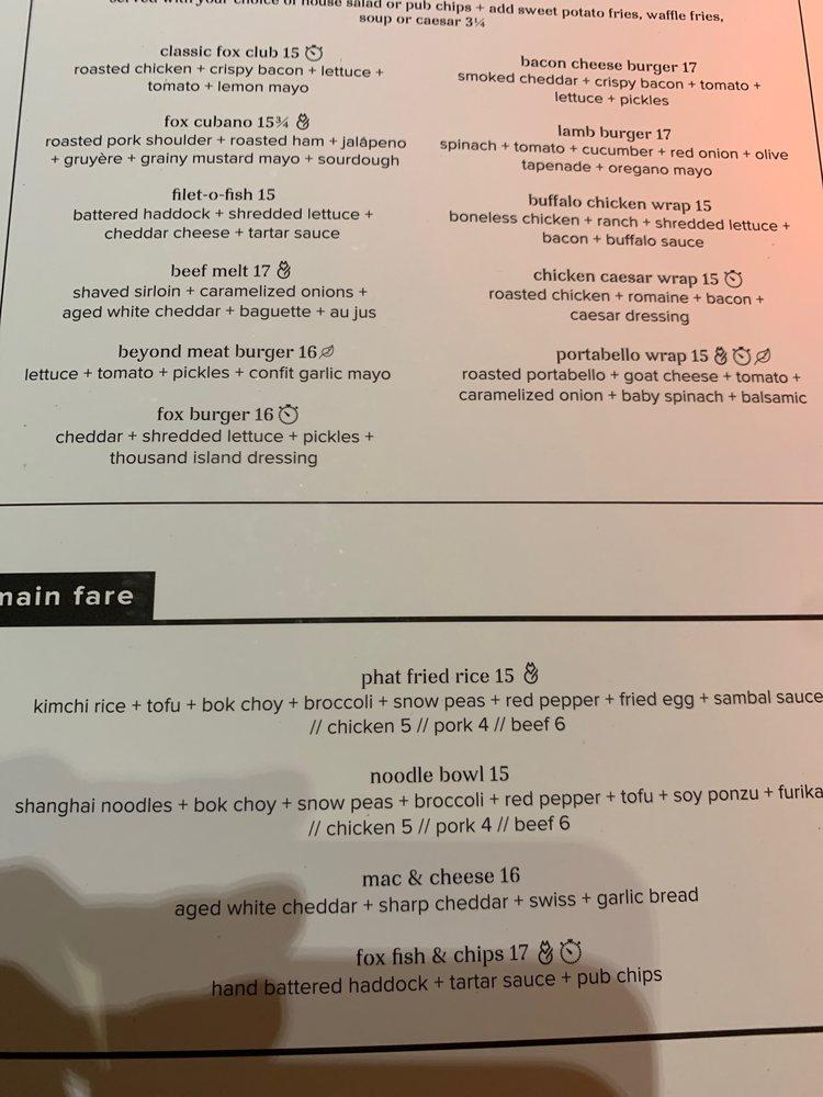 Menu at Fox on John pub & bar, Toronto, 106 John St #3