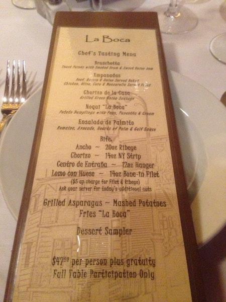 Menu at La Boca Steakhouse, New Orleans