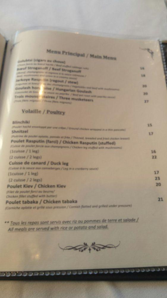 Carta del restaurante Rasputin, Montréal