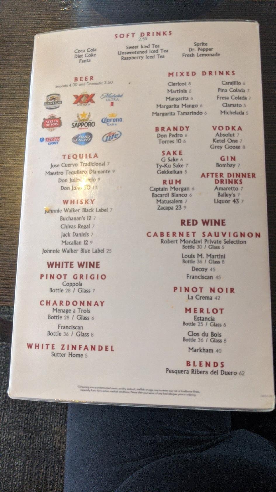 Menu at Tensai restaurant, Laredo
