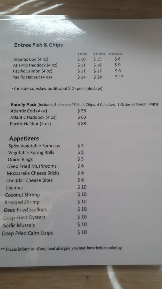 Menu at Winston's Fish & Chips restaurant, Edmonton