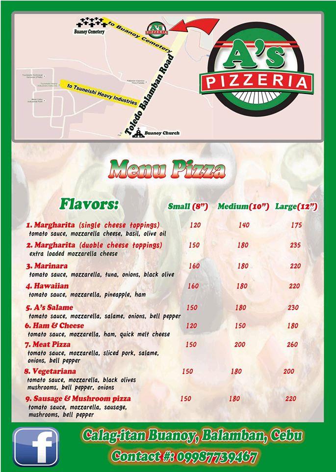 Menu at A's Pizzeria, Balamban