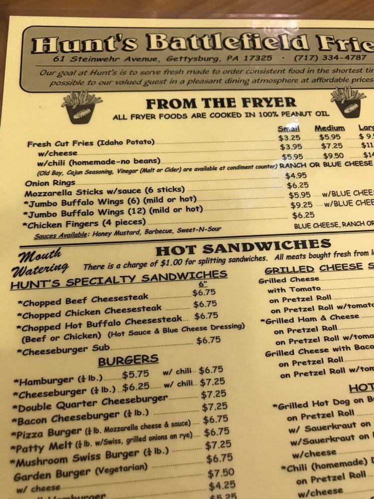 Menu at Hunt's Battlefield Fries cafe, Gettysburg