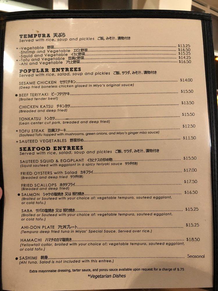 Menu at Miyo's Restaurant, Hilo, 564 Hinano St