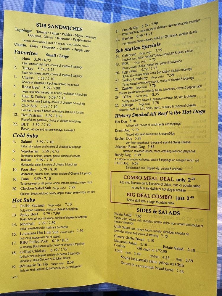 Menu at Sub Station restaurant, Chico, 672 Mangrove Ave