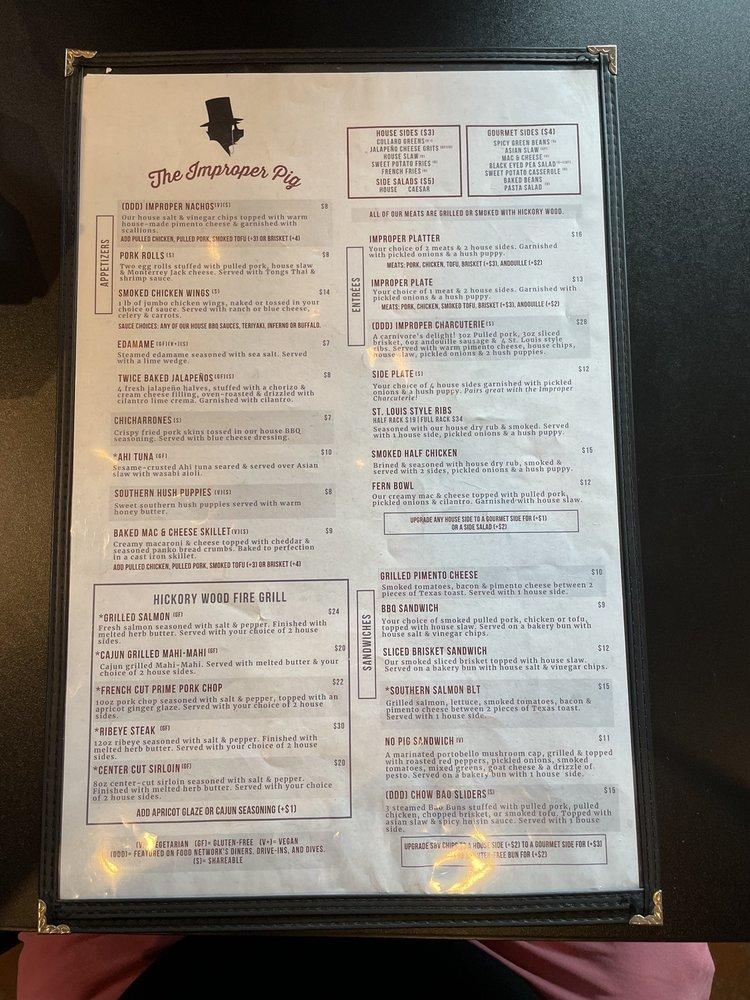 Menu at The Improper Pig @ Rea Farms BBQ, Charlotte, Sandy Rock Pl A