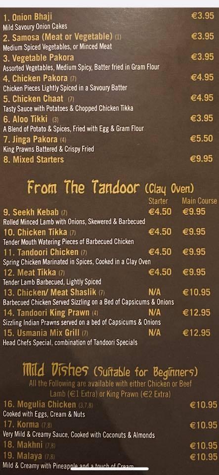 Menu at Usmania Indian Restaurant, Killarney