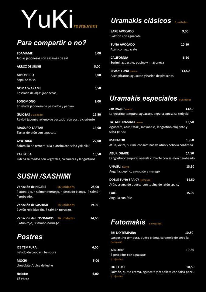 Carta de Yuki Restaurante, Manacor