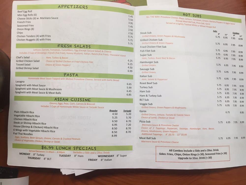 Menu at Aggie's Hot Subs restaurant, Wilson
