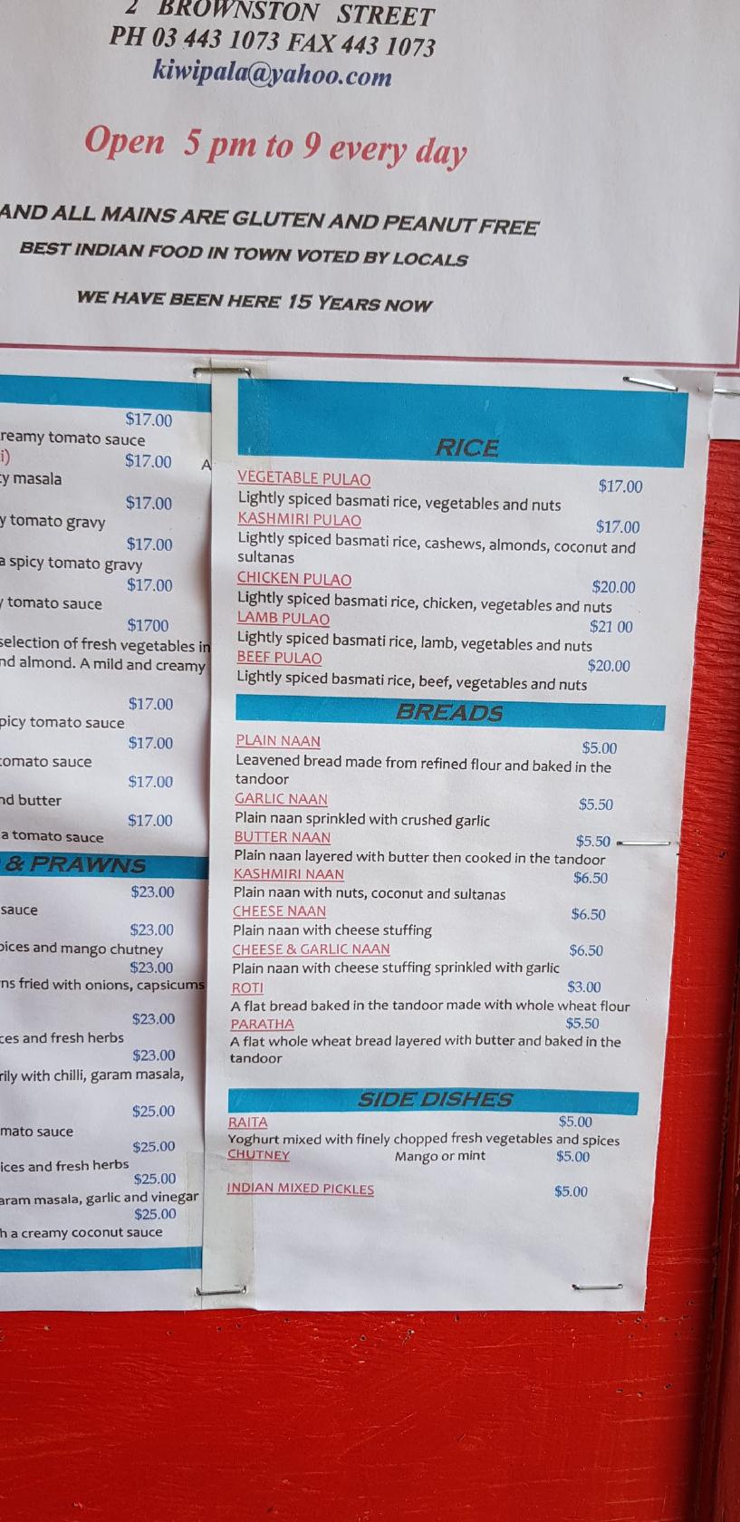 Menu at Ashraf's restaurant, Wanaka