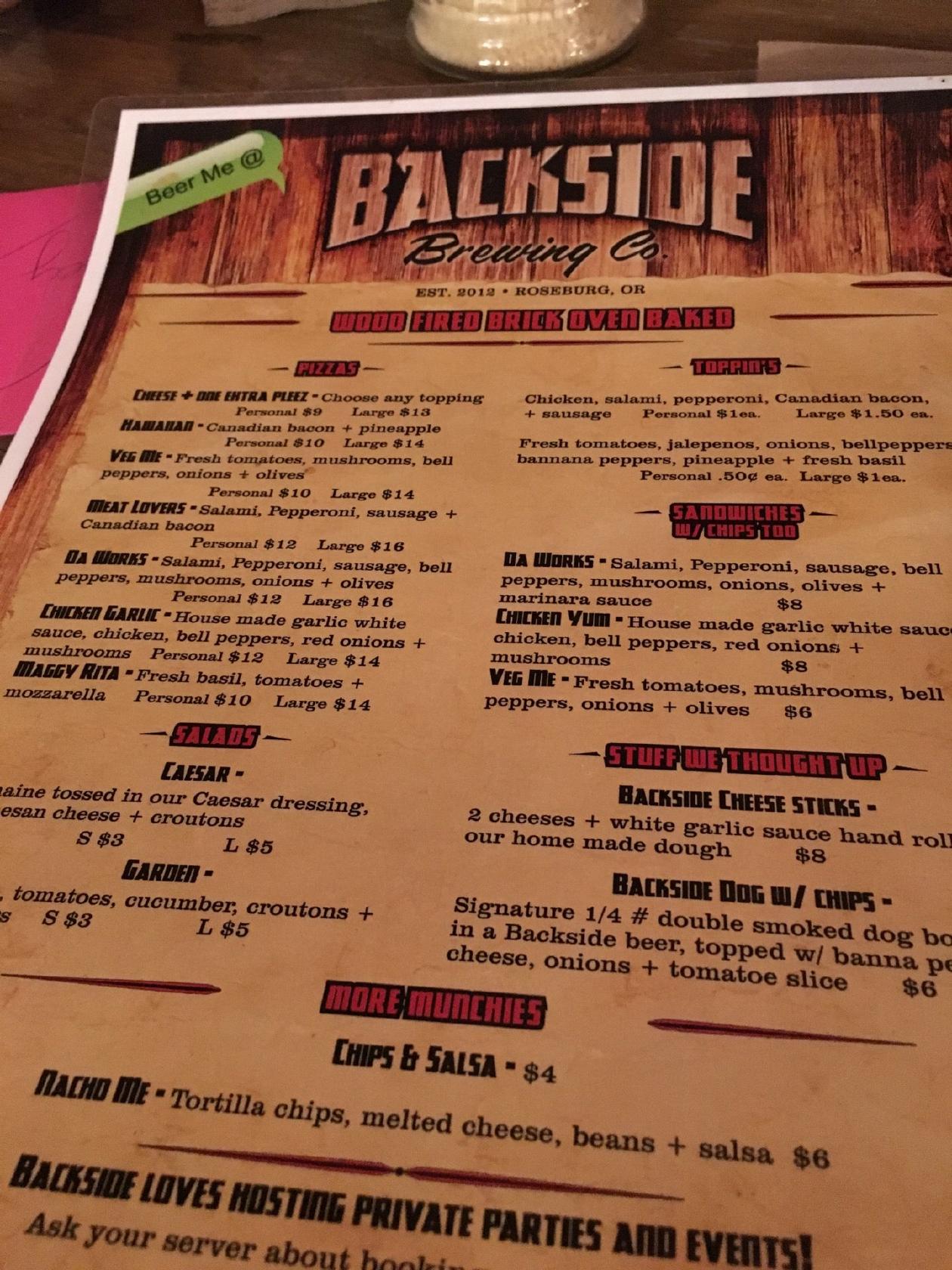 Menu at Backside Brewing Co. pizzeria, Roseburg