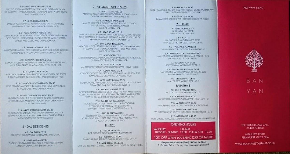 Menu at Banyan restaurant, Fernhurst