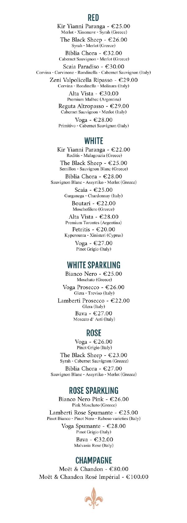 Menu at Bella Vita, Nicosia