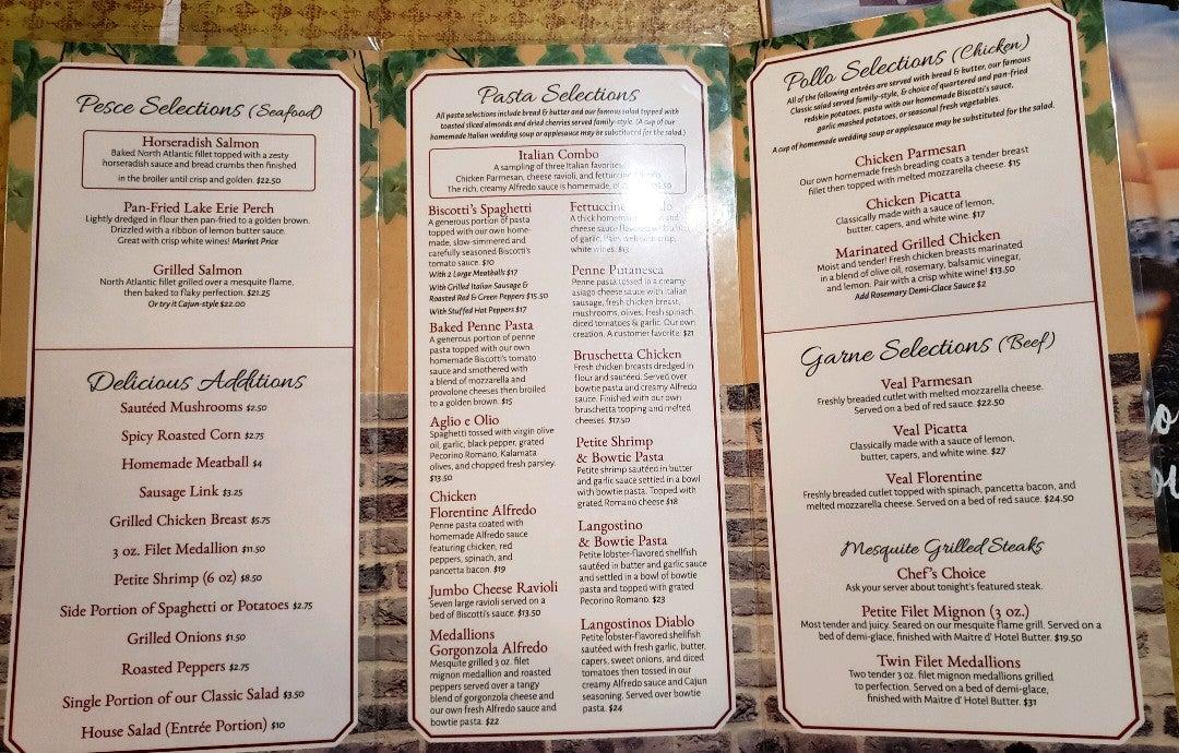 Menu at Biscotti's Restaurant, Conneaut
