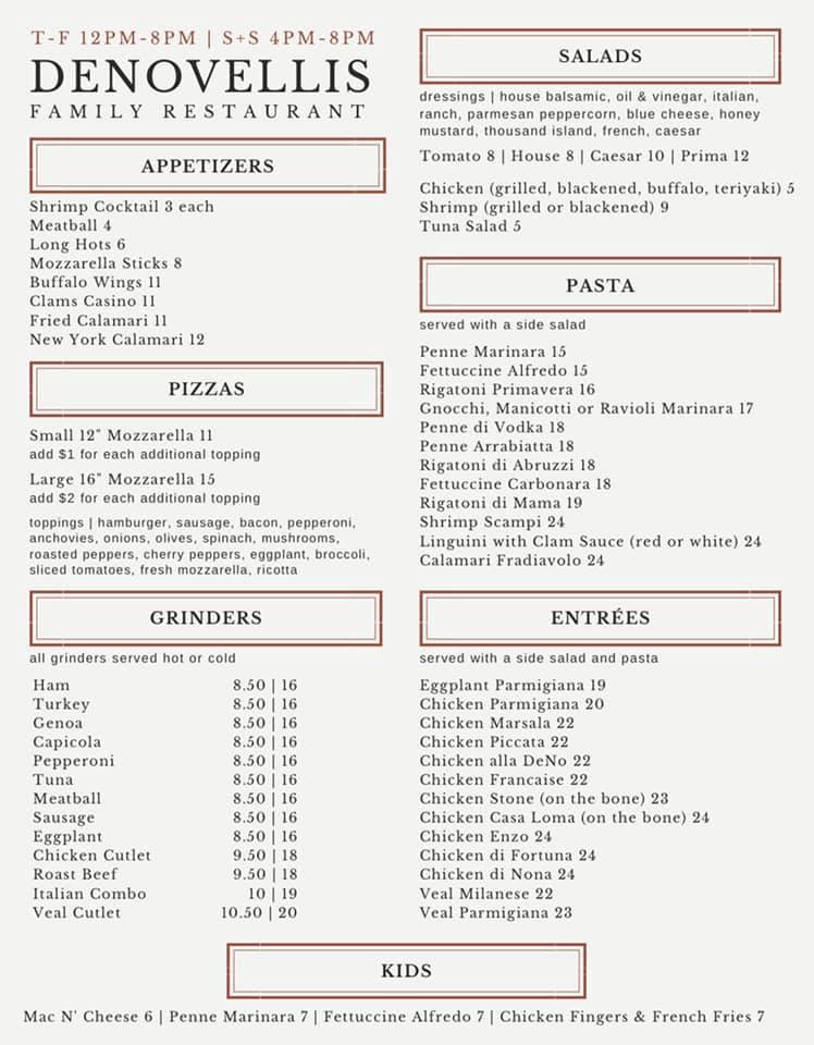 Menu at Denovellis pizzeria, Rocky Hill, 944 Cromwell Ave