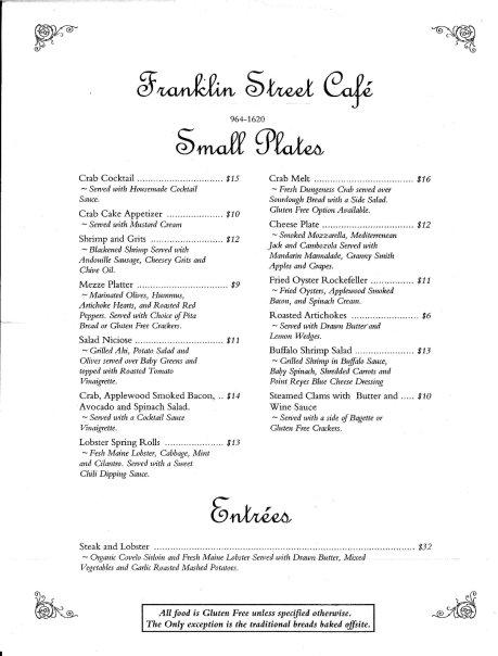 Menu at Franklin Street Cafe, Fort Bragg