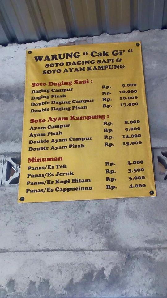 Menu at warung cak gi restaurant, Yogyakarta