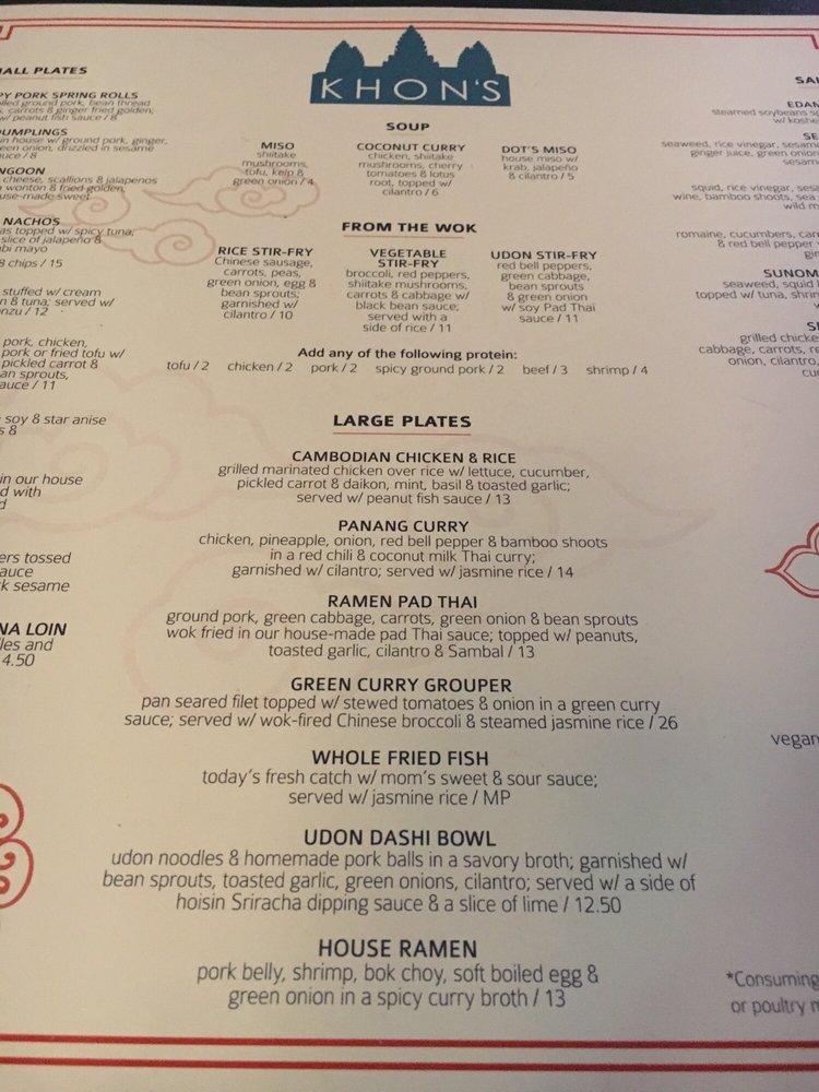 Menu at Khon's on Palafox restaurant, Pensacola