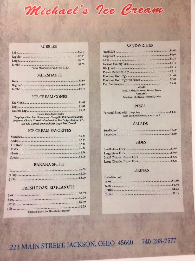 Menu at Michael's Ice Cream pizzeria, Jackson