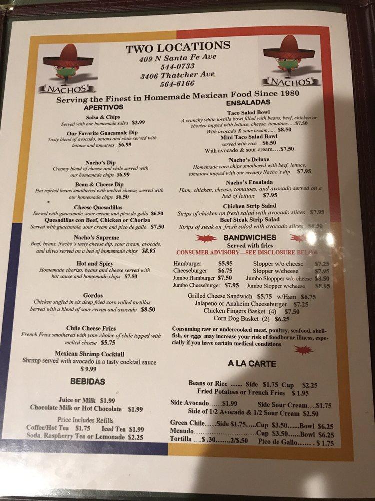 Menu at Nacho's Restaurant, Pueblo, 409 N Santa Fe Ave