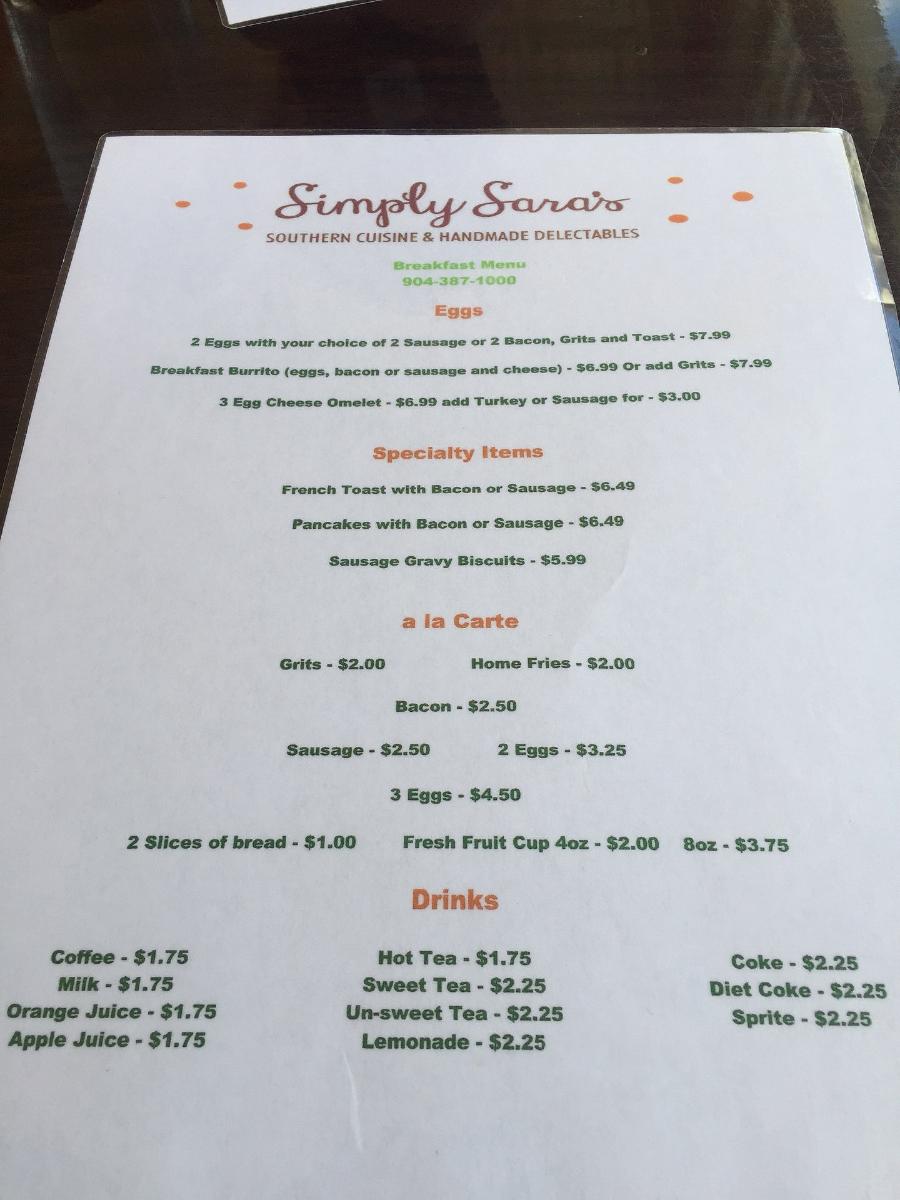 Menu at Simply Sara's desserts, Jacksonville, Corinthian Ave