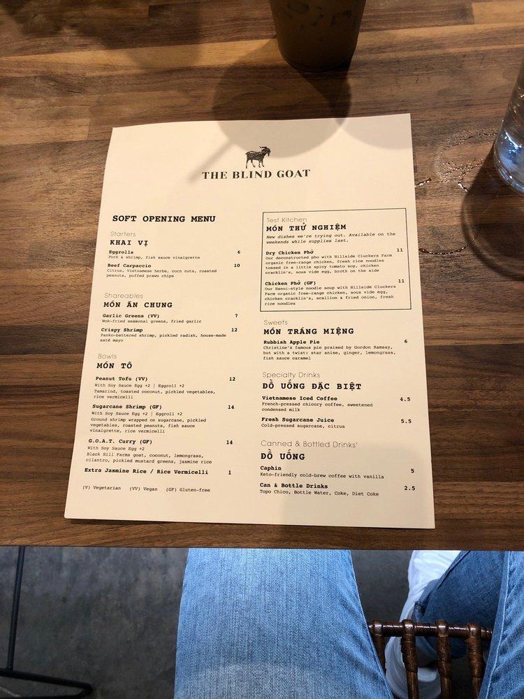 Menu at The Blind Goat restaurant, Houston, 409 Travis St #367