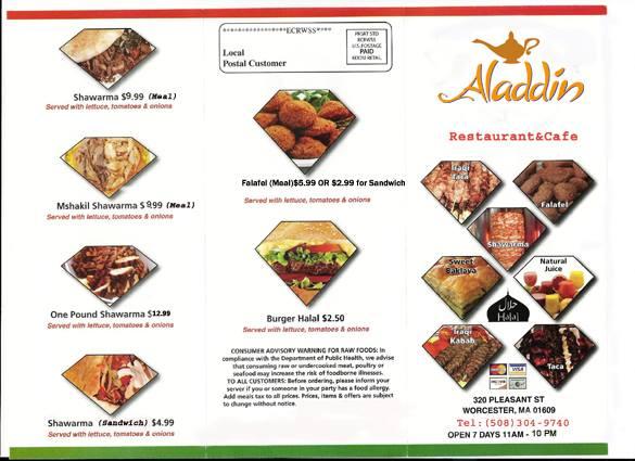 Menu at Aladdin restaurant, Worcester