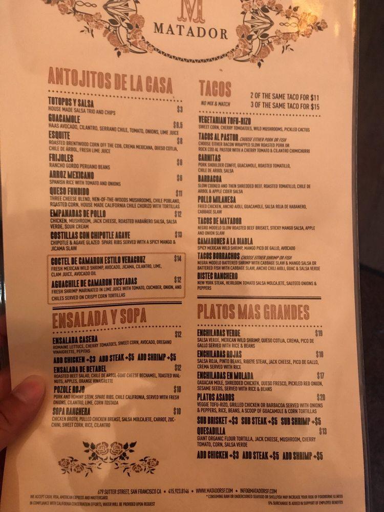 Menu at Matador pub & bar, San Francisco, 679 Sutter St