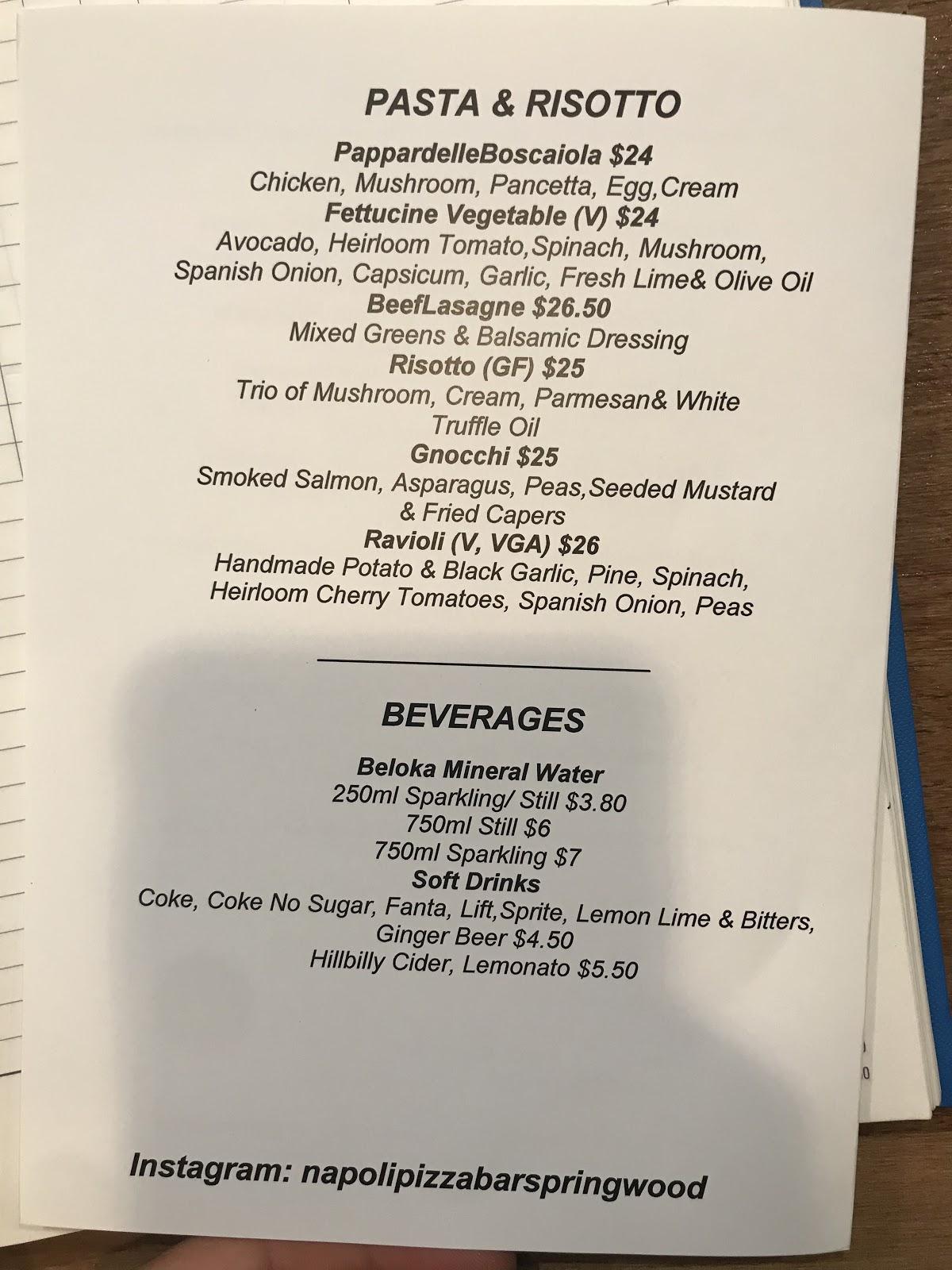 Menu at Napoli Pizza Bar, Springwood
