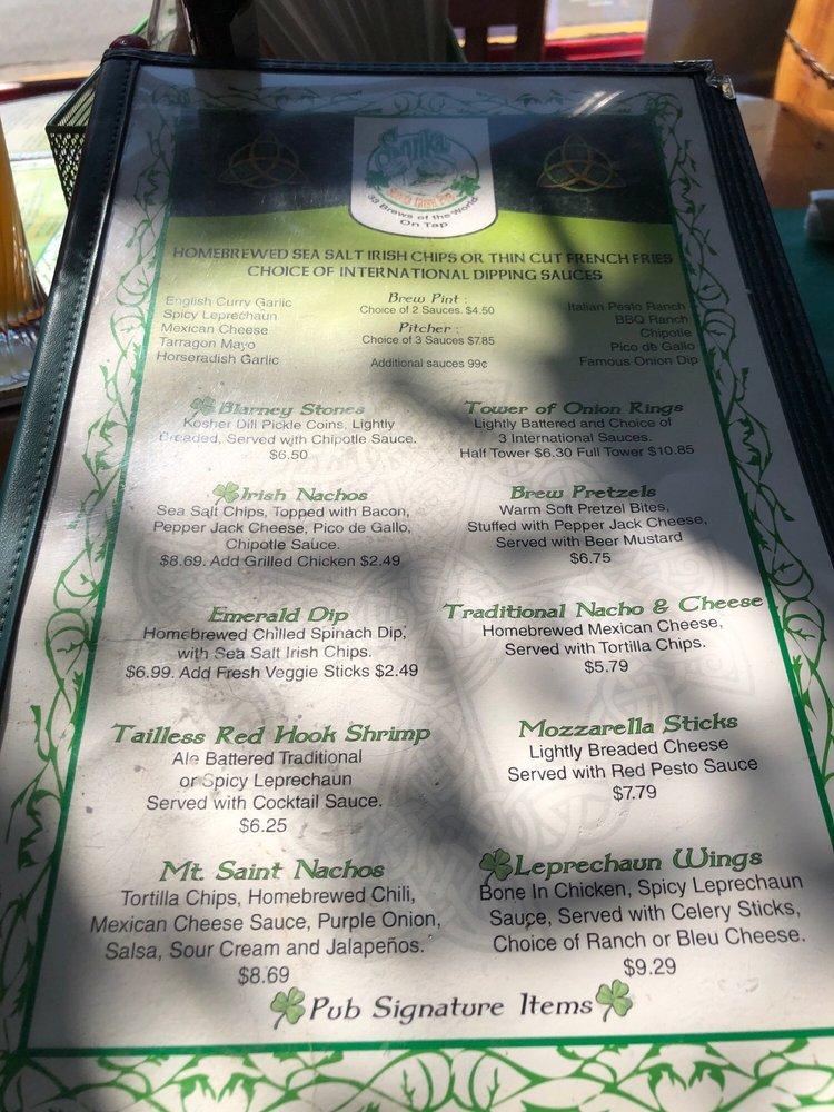 Menu at Sonka Irish Pub, Terre Haute