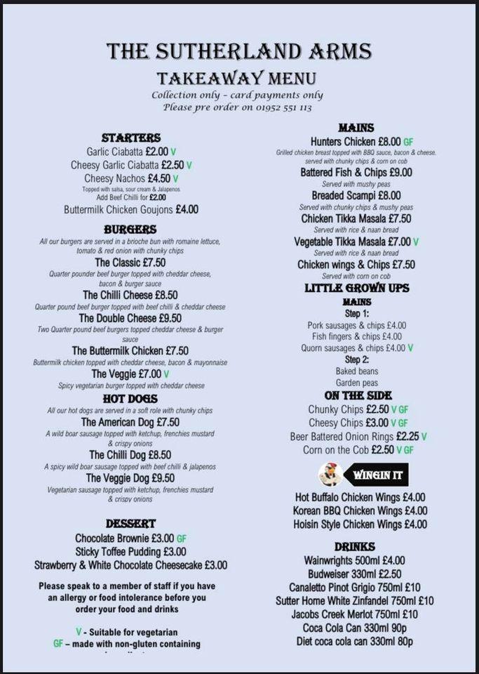 Menu at Sutherland Arms pub & bar, England, Tibberton