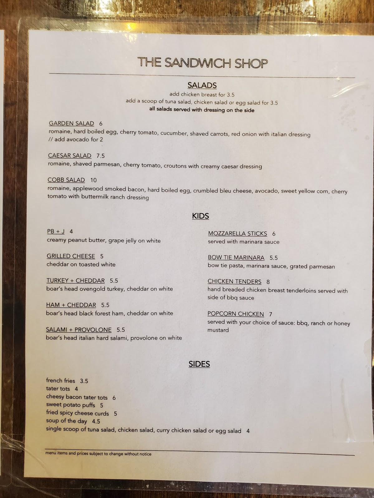 Menu at The Sandwich Shop cafe, Vienna