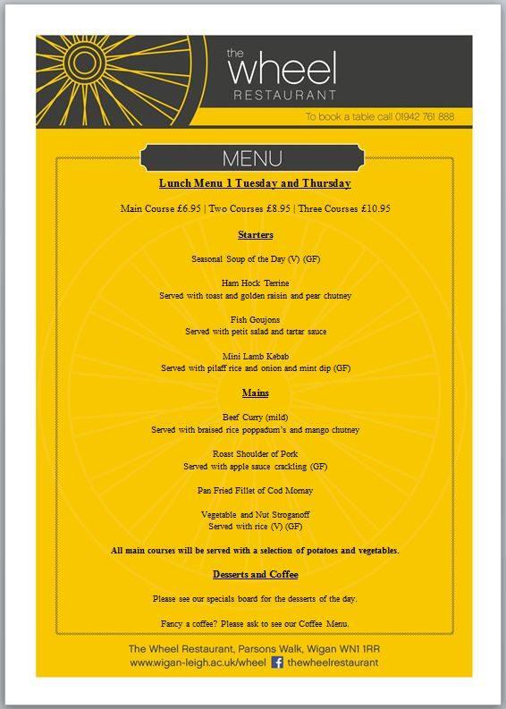 Menu at The Wheel Restaurant, Wigan