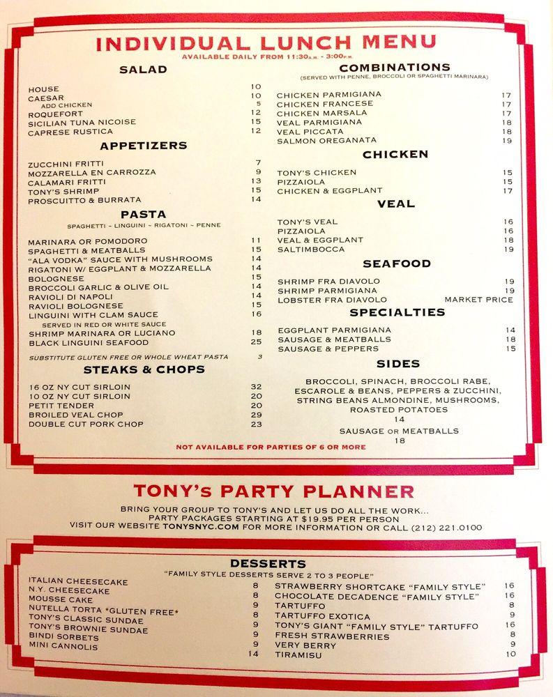 Menu at Tony's Di Napoli pub & bar, West New York, 147 W 43rd St