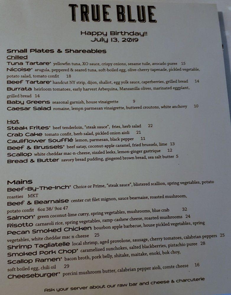 Menu at True Blue Butcher and Table restaurant, Wilmington
