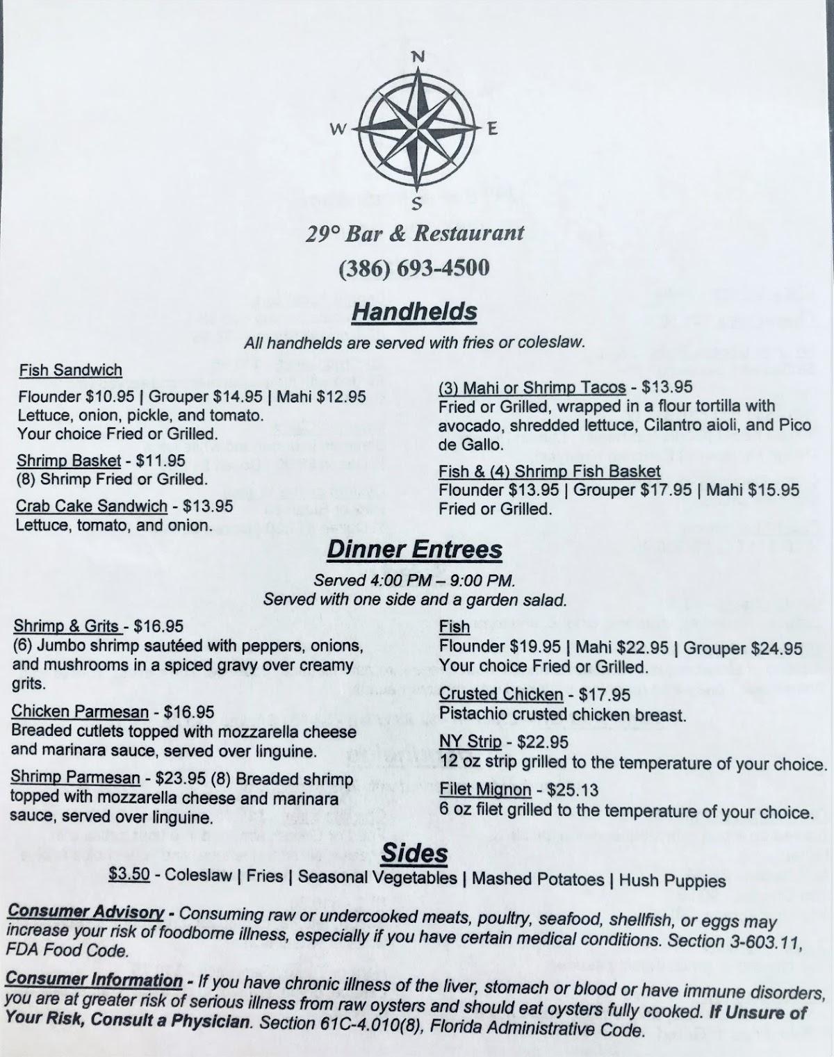 Menu at 29° Bar & Seafood Restaurant, Flagler Beach